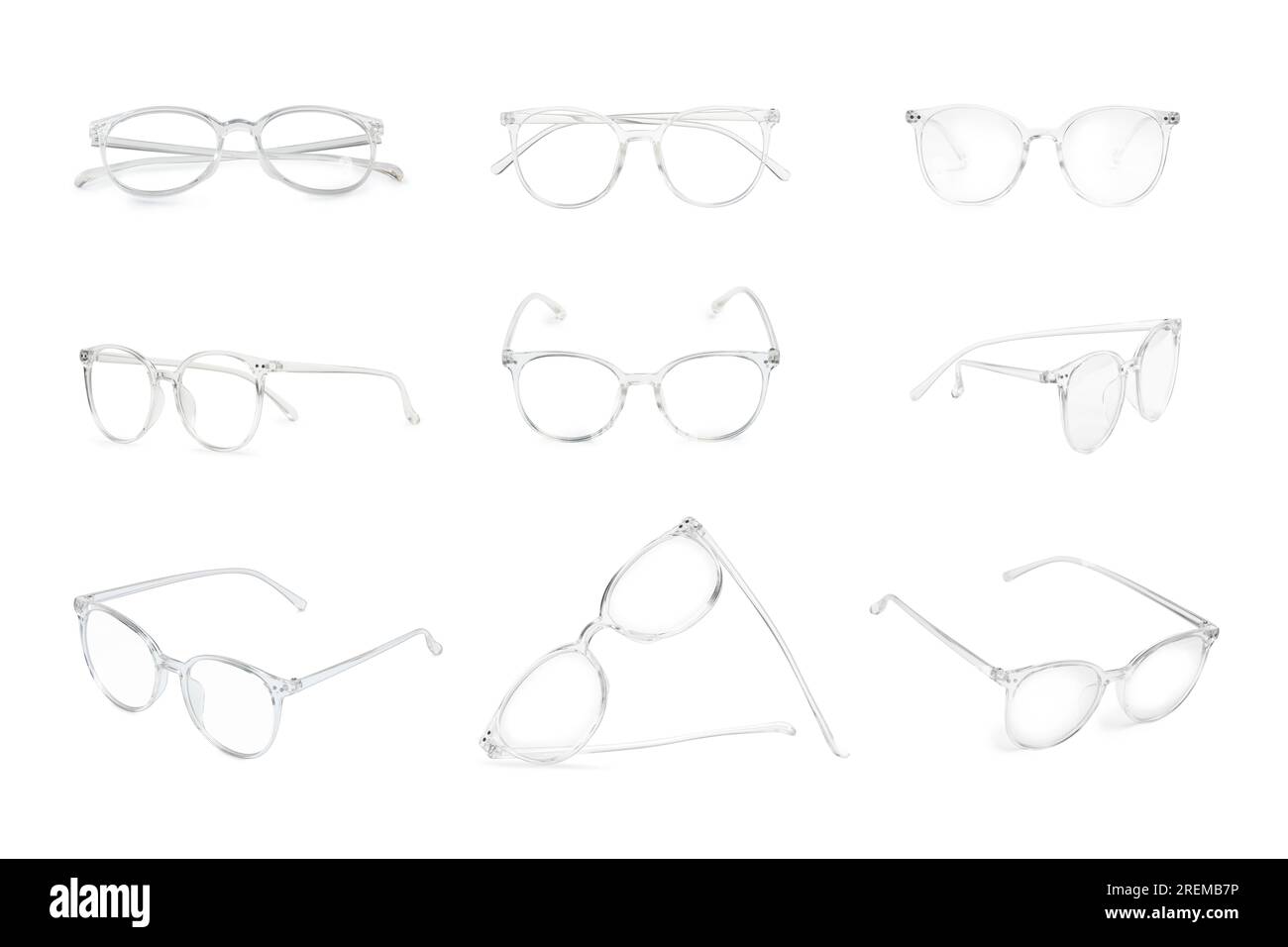 Collage with glasses isolated on white, different sides Stock Photo - Alamy