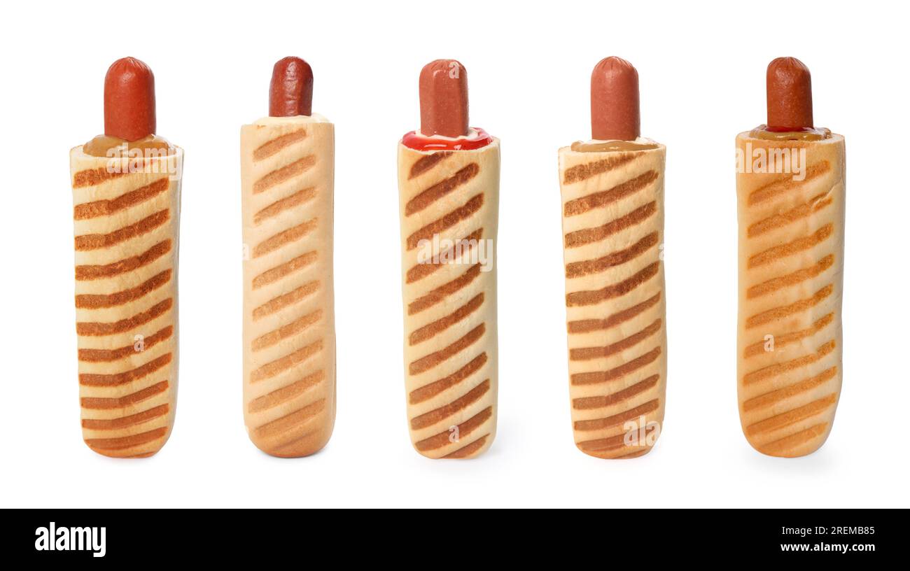Set of yummy French hot dogs with grilled buns and different sauces ...