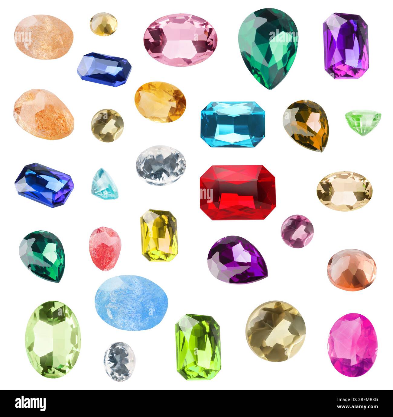 Set of different shiny gemstones for jeweler isolated on white Stock ...