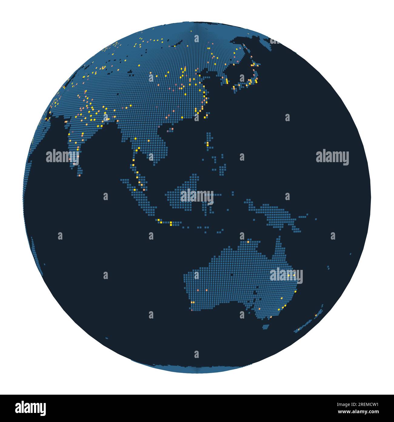 A map of the continent of Asia on a round globe with the big cities ...