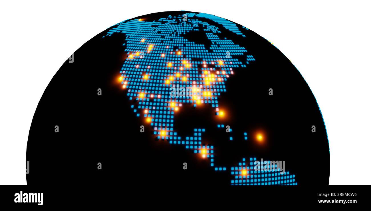 A half-round globe-style map of the United States with large cities ...