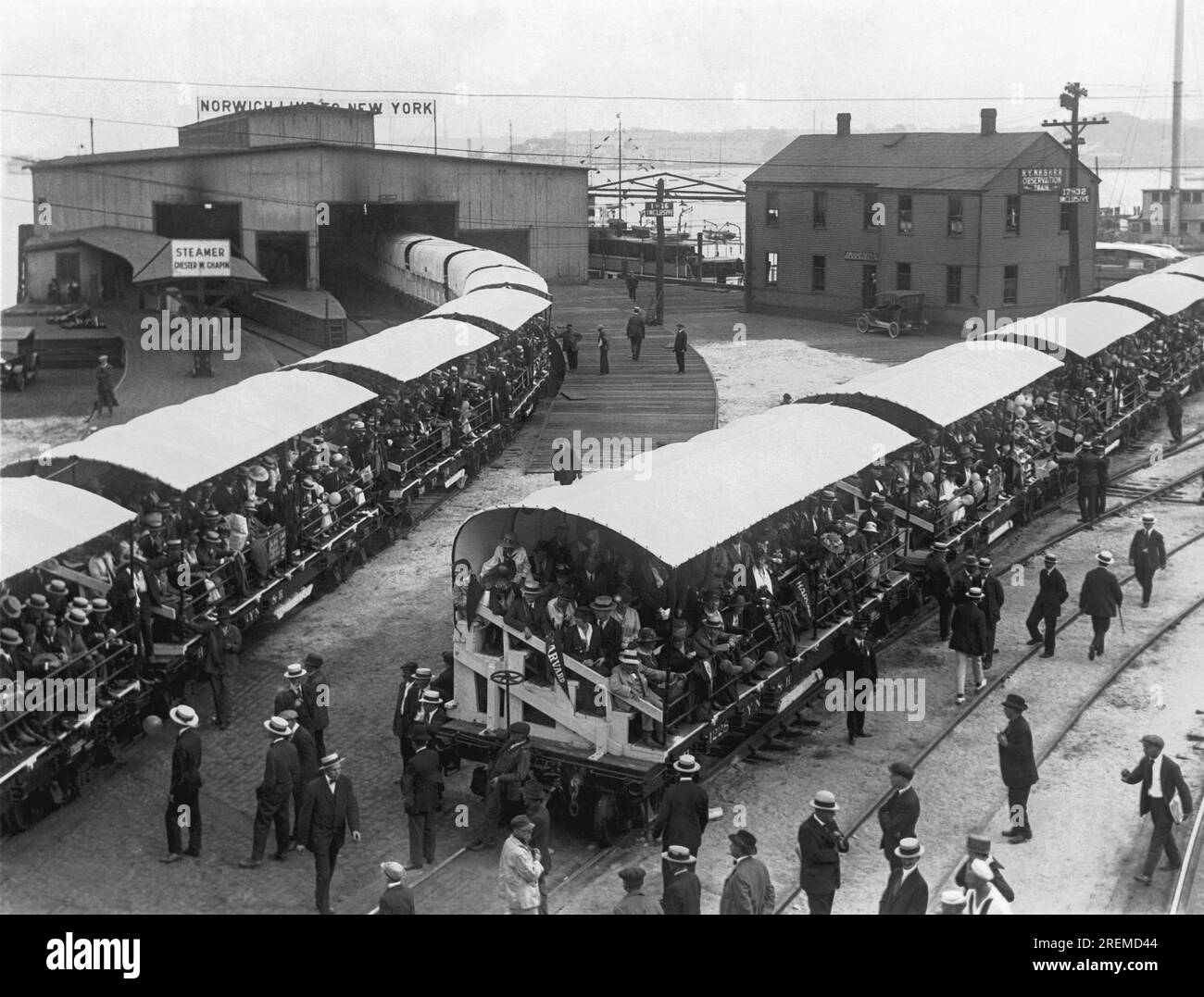 Boston, Massachusetts: c. 1928 Football fans in railway observation ...