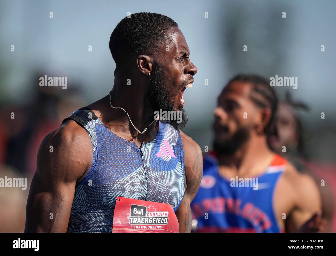 Brendon Rodney reacts after finishing first in a semifinal of the 100 ...