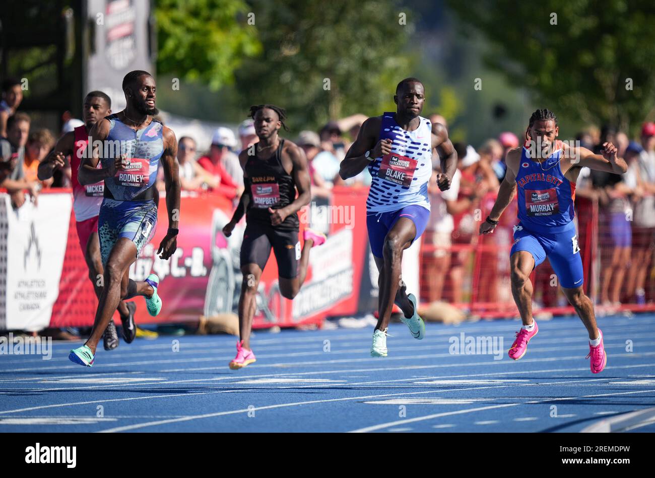 Langley, Canada. 28th July, 2023. Brendon Rodney, left, Jerome Blake ...