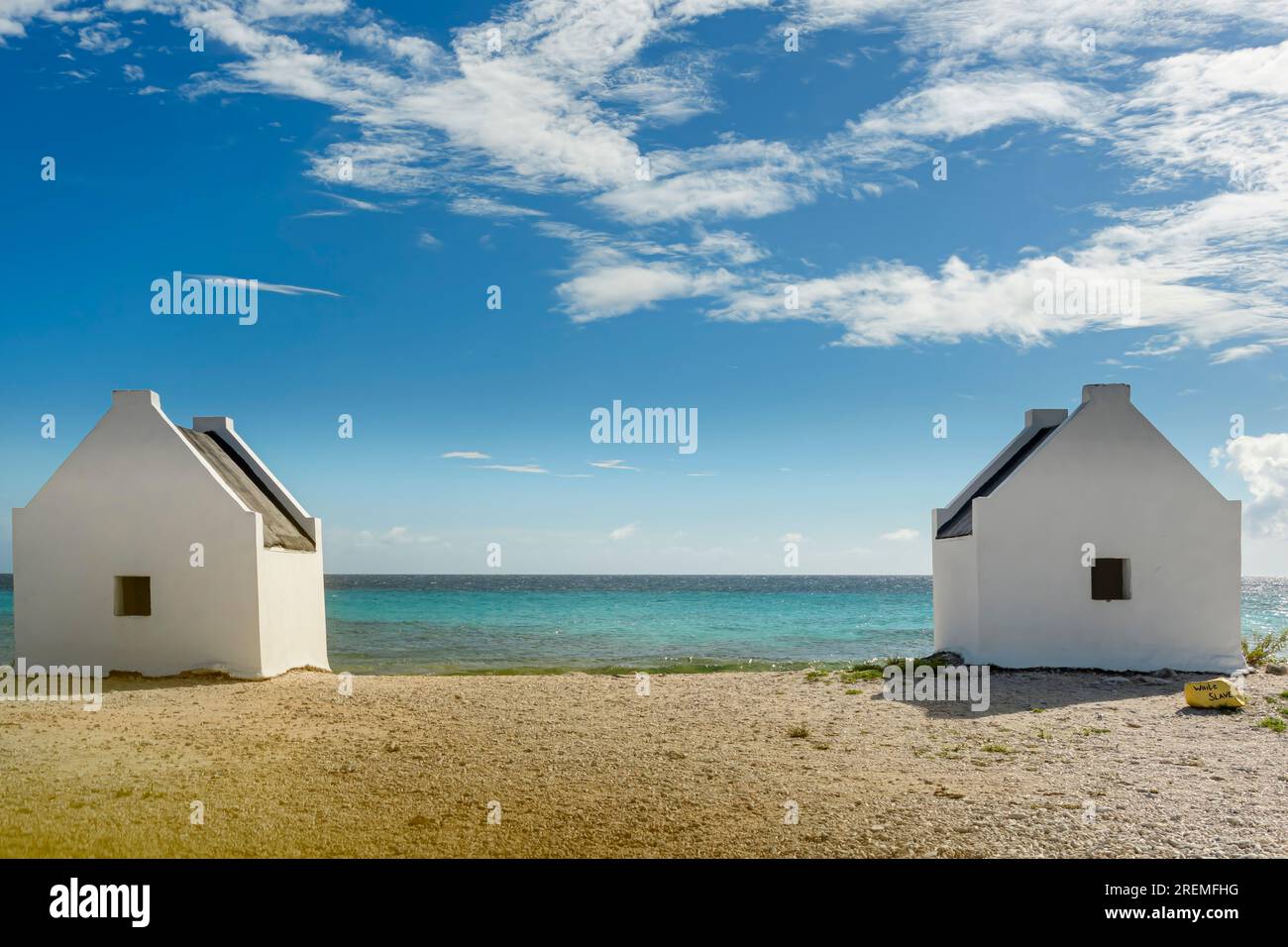 White slave huts at White Pan, south Bonaire. These huts were ...