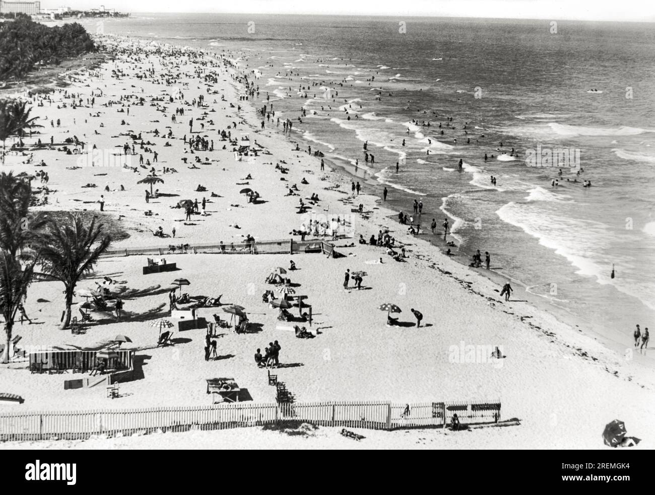 MIami Beach, Florida: c. 1930 An overview of the winter beach scene ...