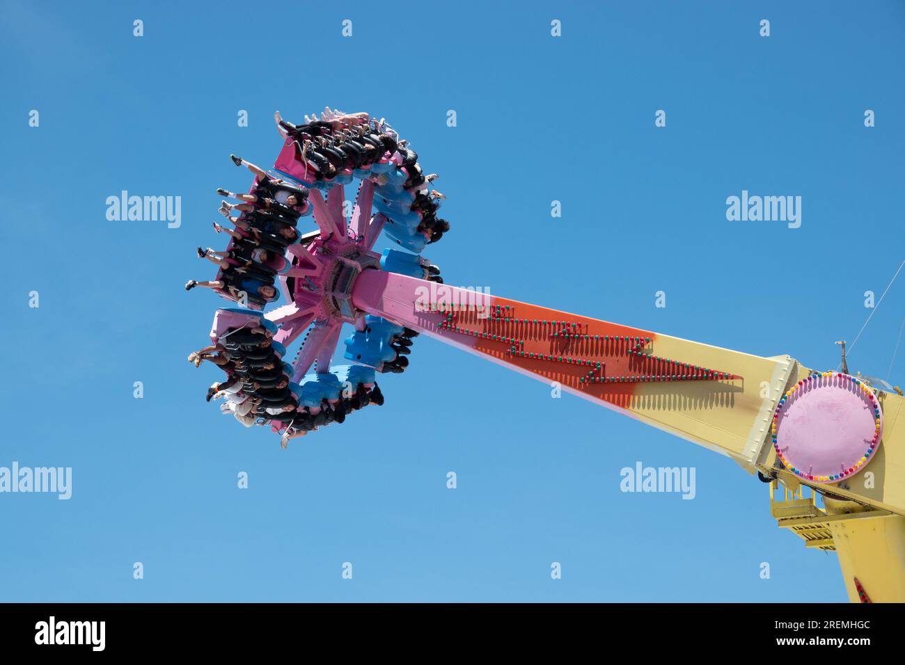 Hong Kong, CHINA - JULY 24, 2023 - Visitors ride a "360-degree pendulum ...