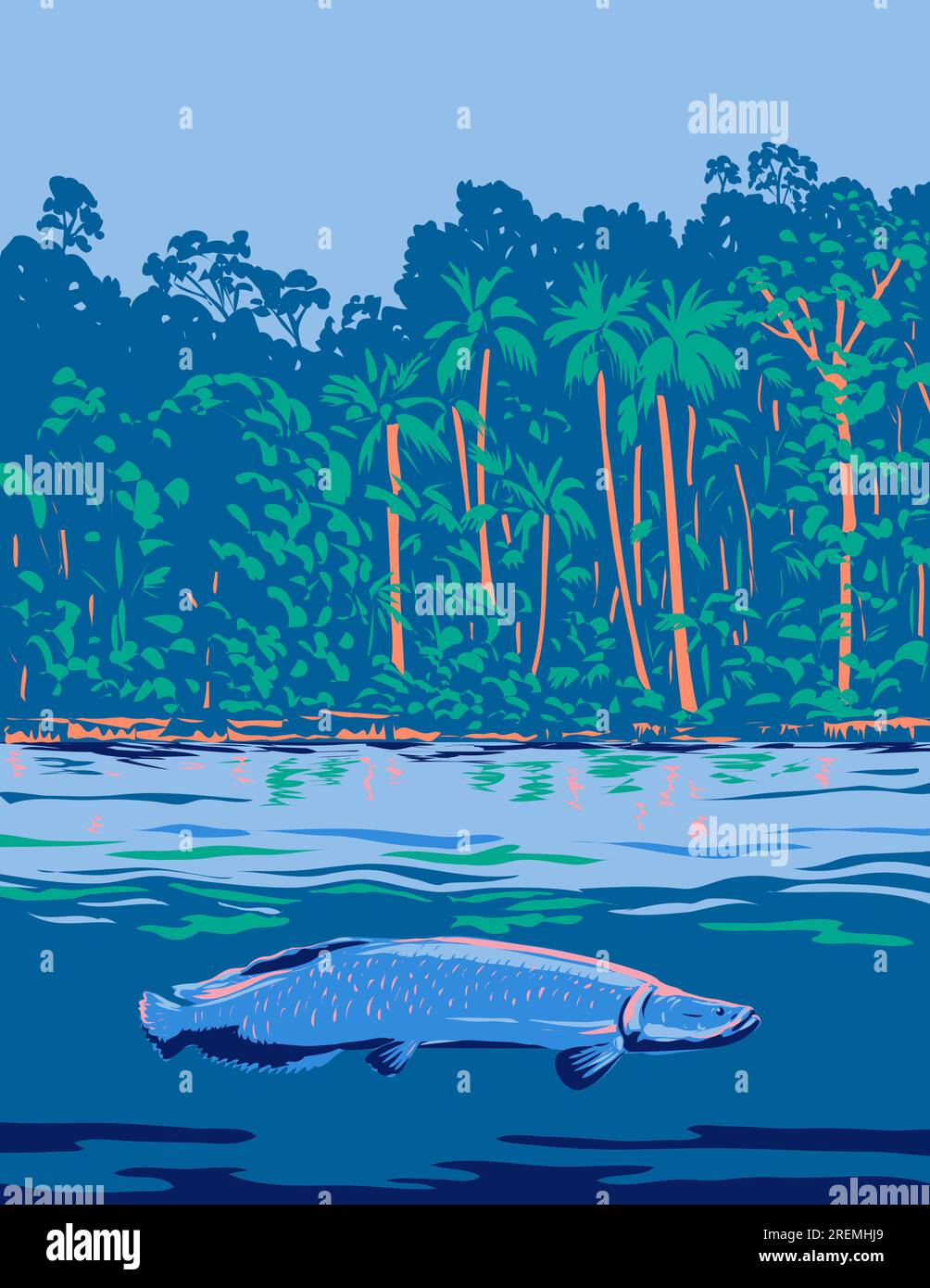 WPA poster art of arapaima, pirarucu or paiche, a bonytongue in the ...