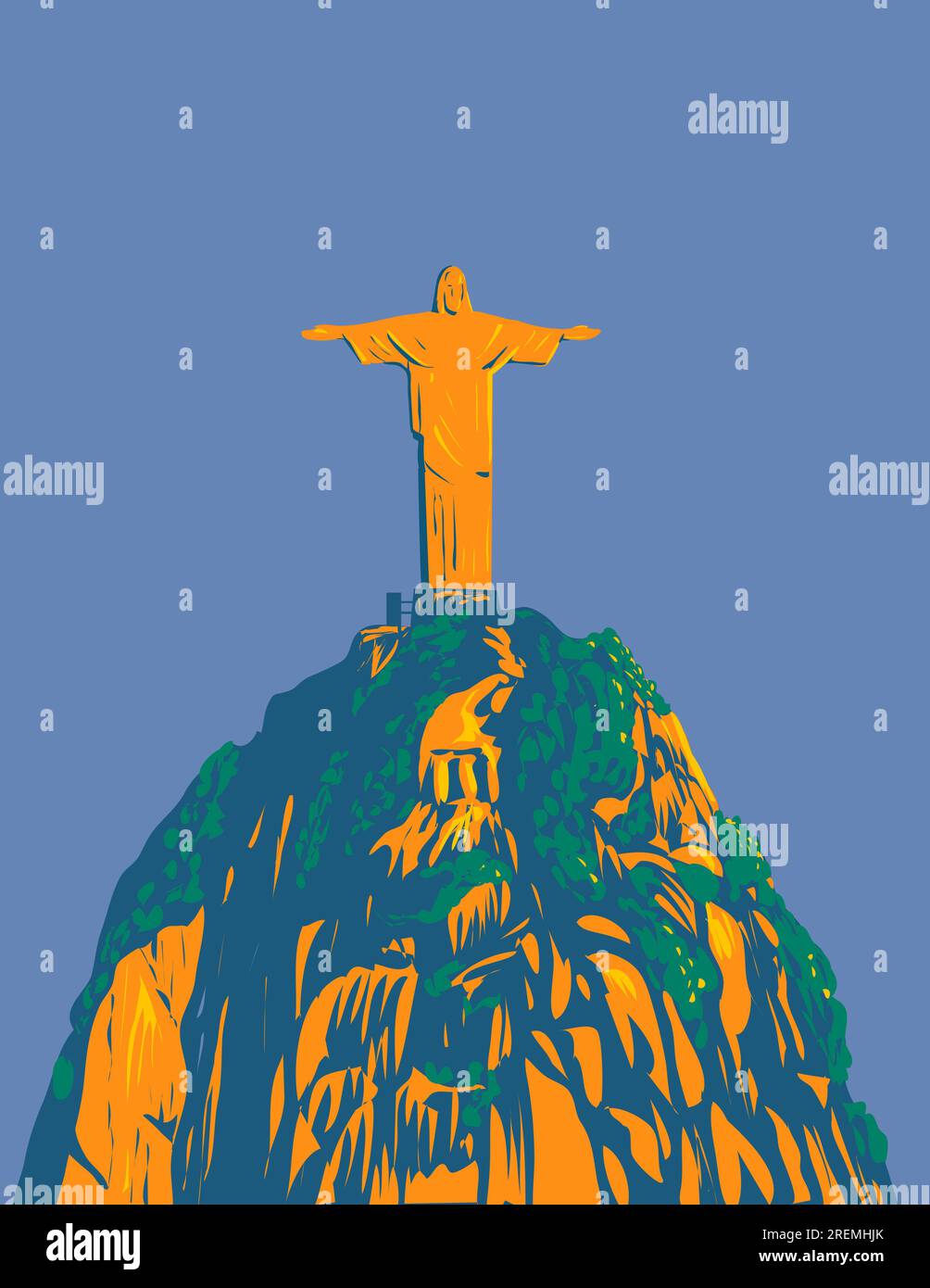 WPA poster art of Christ the Redeemer on top Corcovado mountain within ...