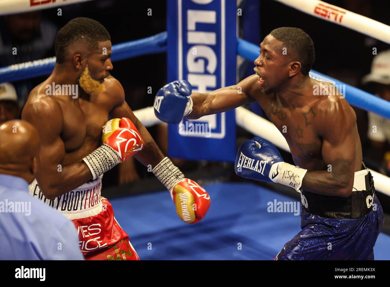 Las Vegas, NV, USA. 28th July, 2023. Jonathan Romero (R) punches ...