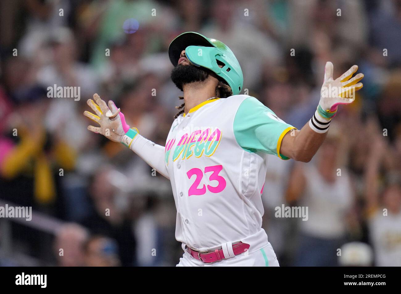 San Diego Padres' Fernando Tatis Jr. celebrates after hitting a home ...