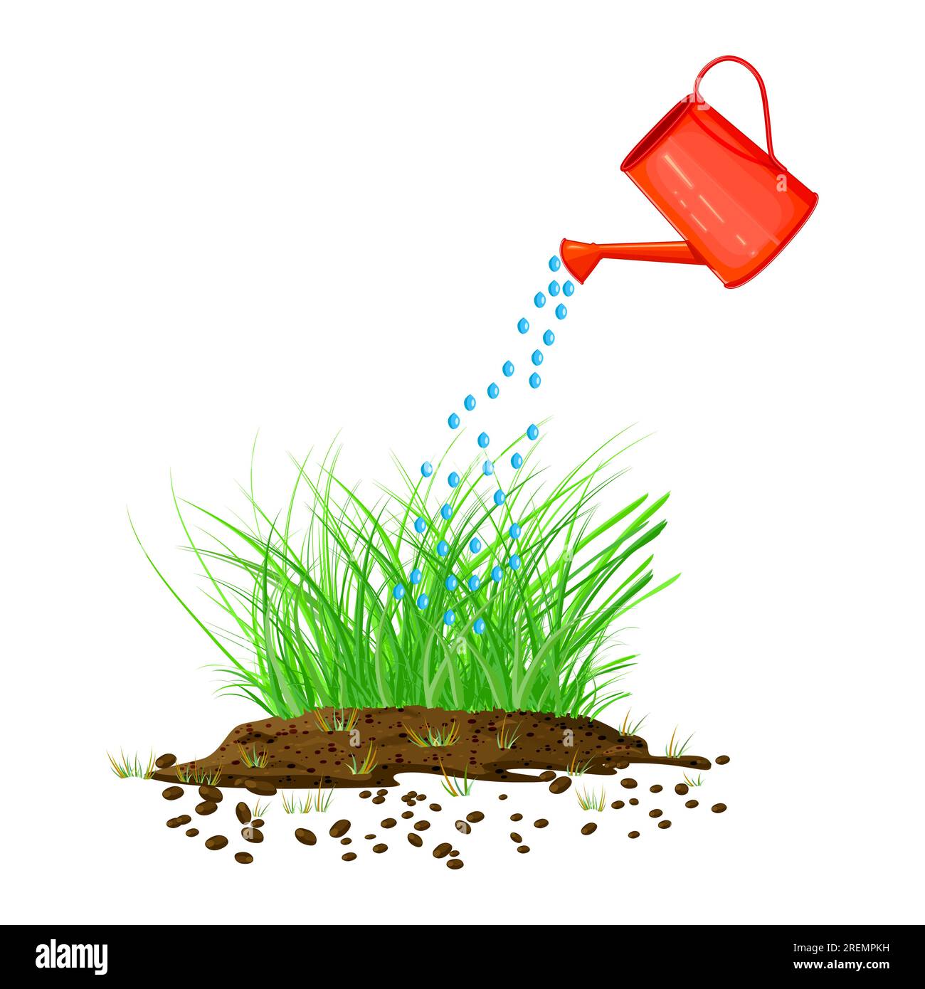 Grass, watering can and soil pile. Young lawn irrigation. Watering ...