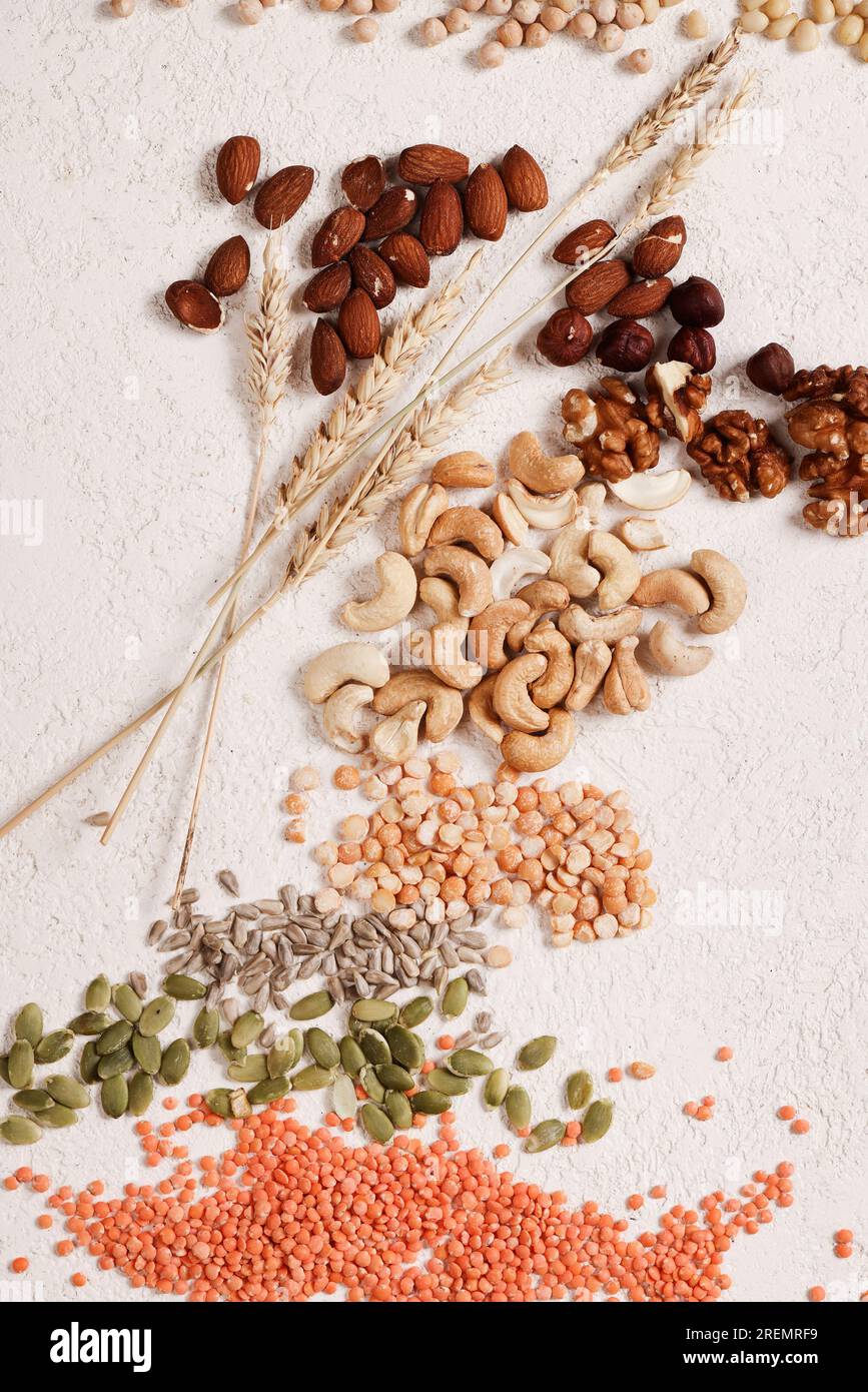 Vegan source of protein. healthy vegetarian food top view of pumpkin ...