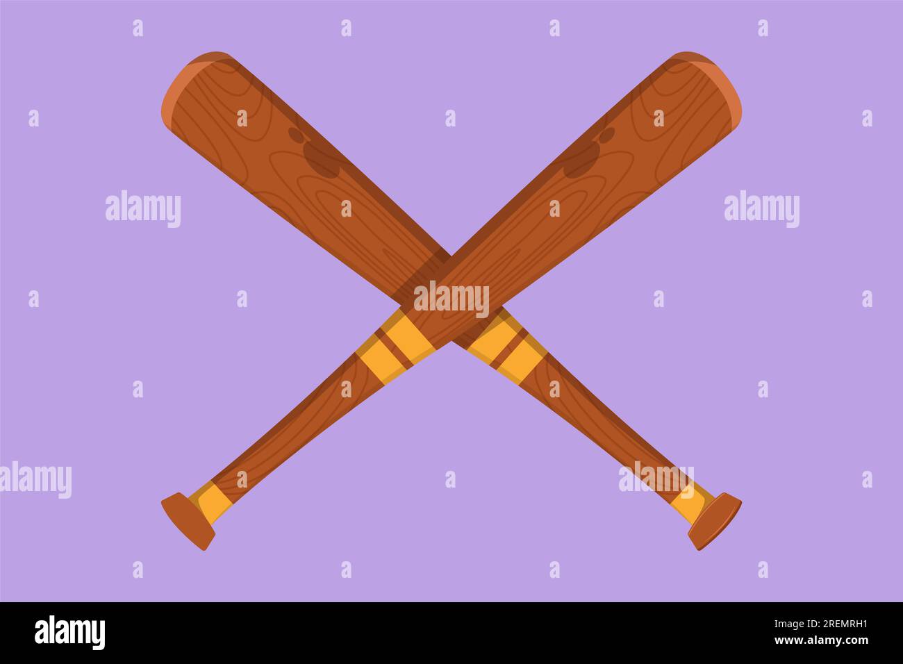 Cartoon flat style drawing of two crossed baseball bats, icon sports tool. Simple shape for ...