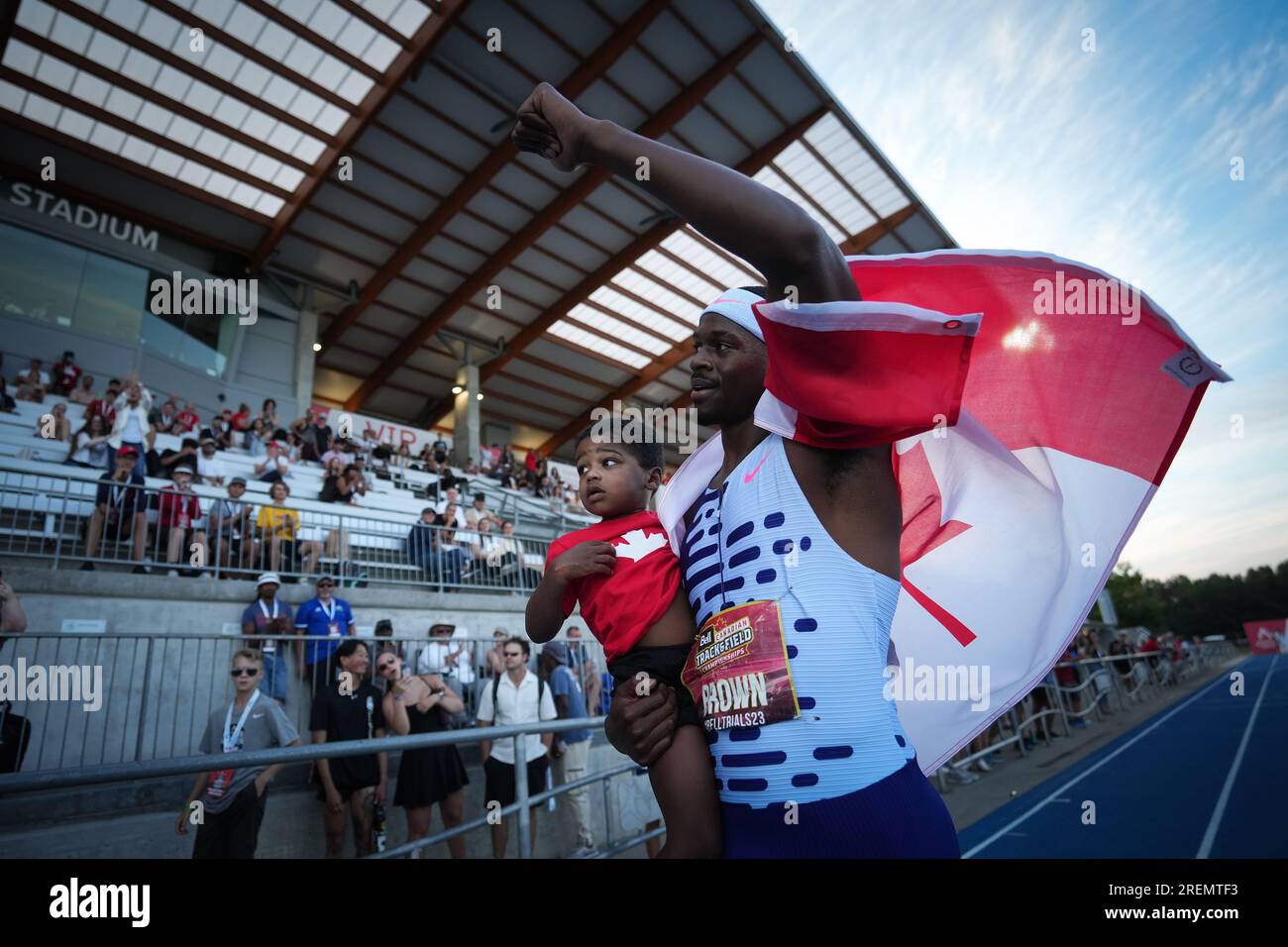 Langley, Canada. 28th July, 2023. Aaron Brown holds his song Kingsley ...