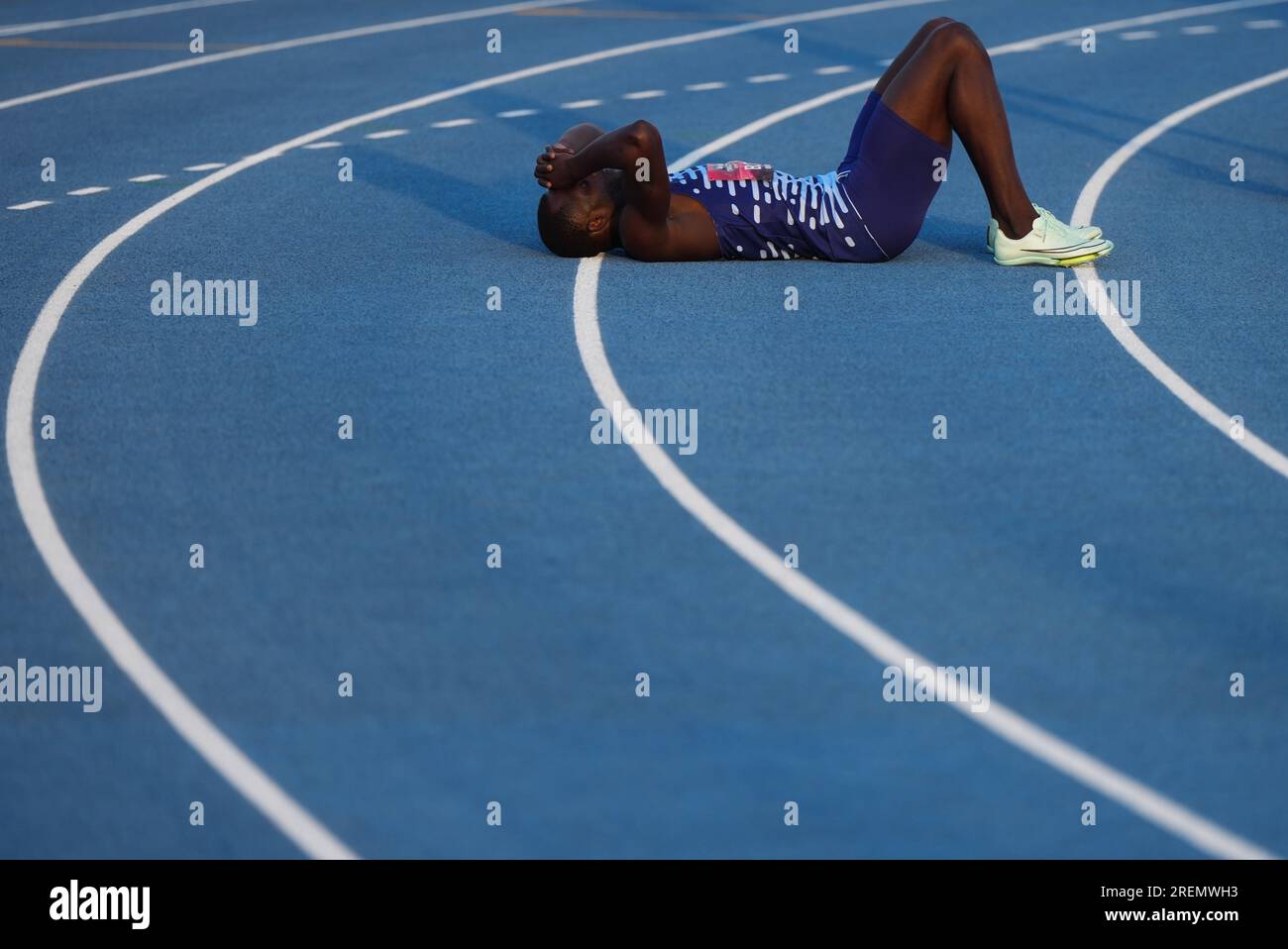 Langley, Canada. 28th July, 2023. Jerome Blake lies on the track after ...