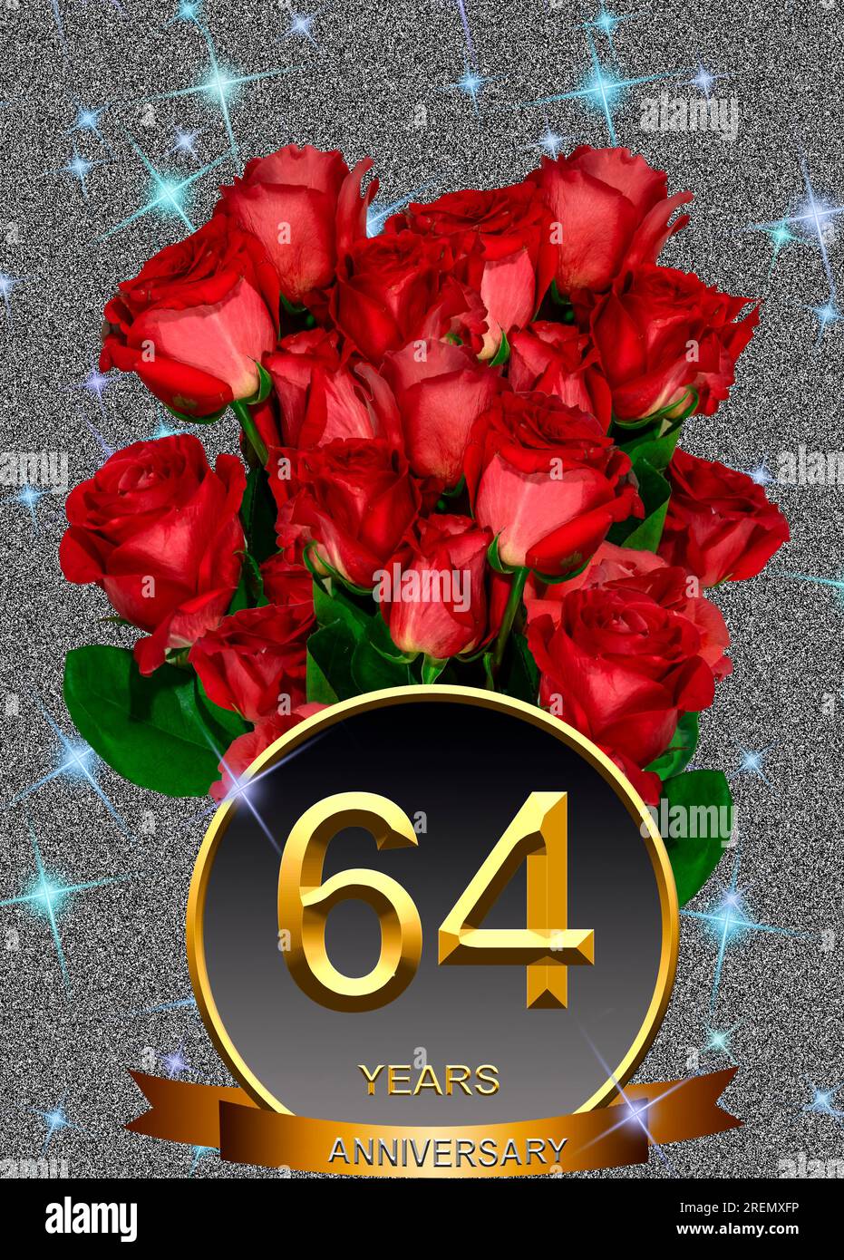 3d illustration, 64 anniversary. golden numbers on a festive background ...