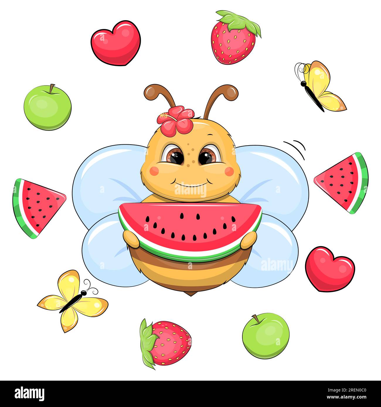 Cute cartoon bee with watermelon in a fruit frame. Summer insect vector ...