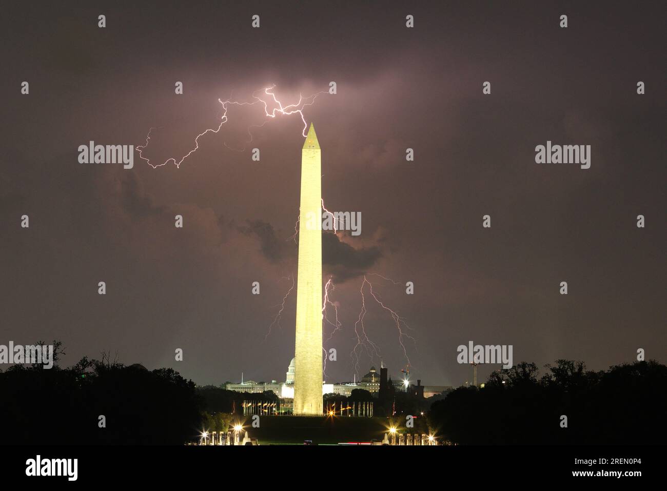 Lightning lights up the skies above the National Mall during a severe ...
