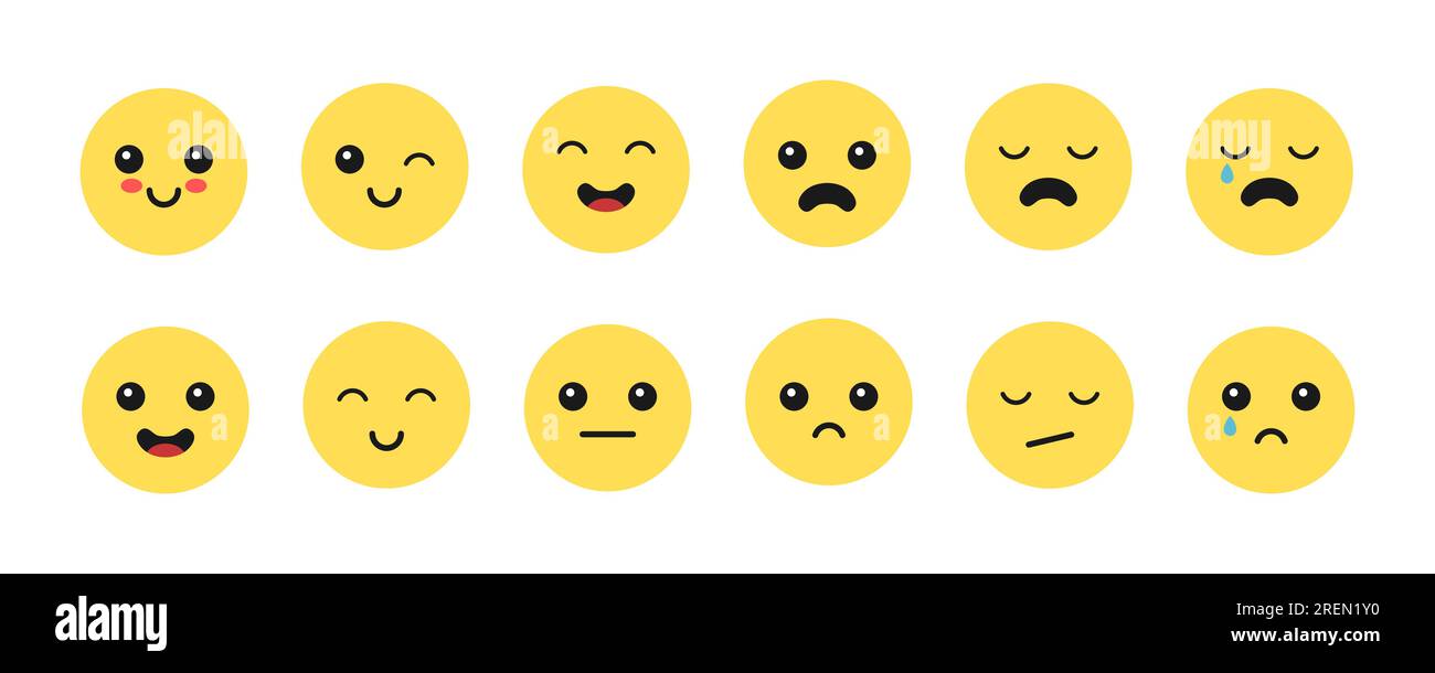 Cute happy and sad emoji emotions. Japanese style cartoon emoji vector ...