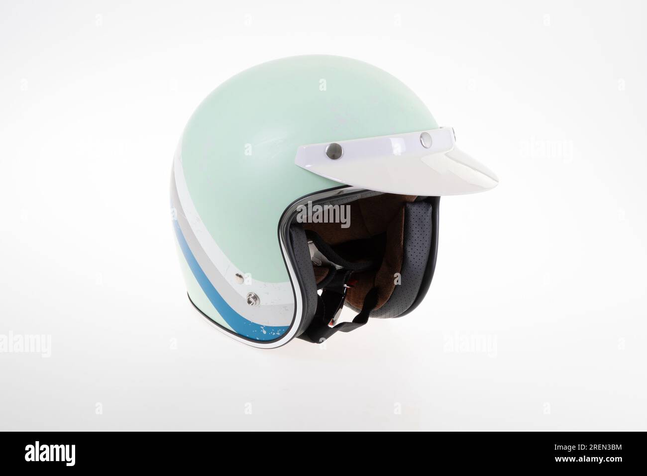 blue vintage old motorcycle helmet with a visor anti-sun protective ...