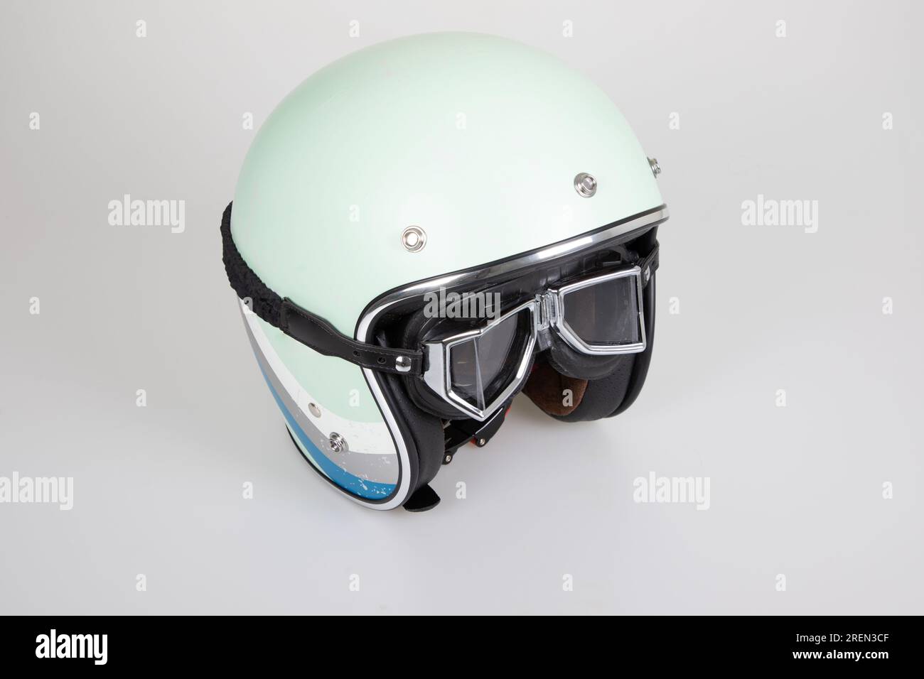 basic neo-retro open face motorcycle helmet classic blue green vintage for retro motorbike Stock ...
