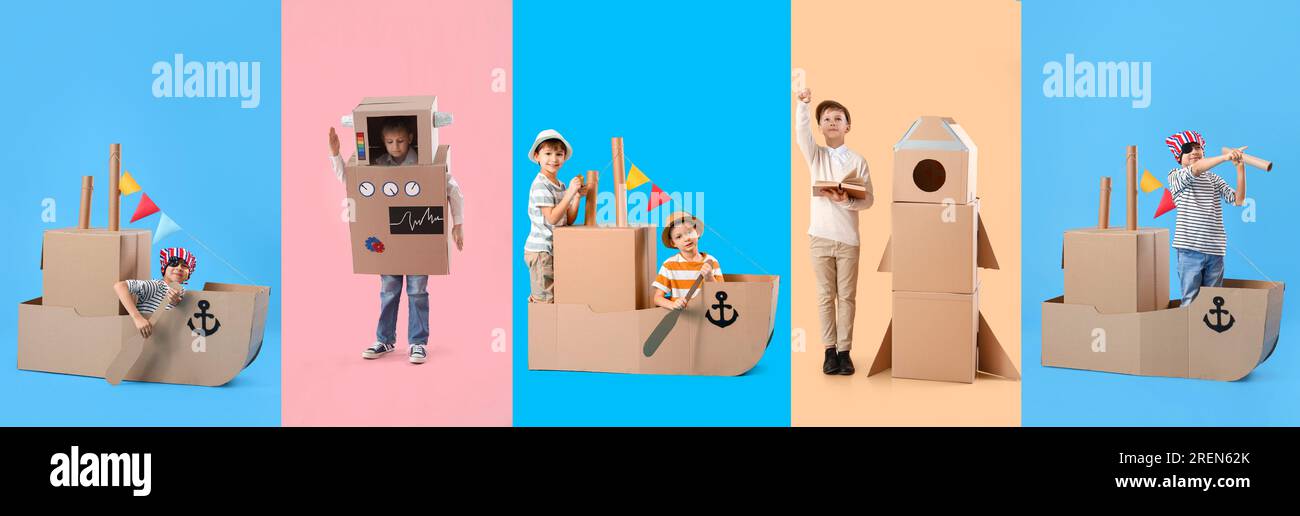 Collage of cute little boys with cardboard toys on color background ...