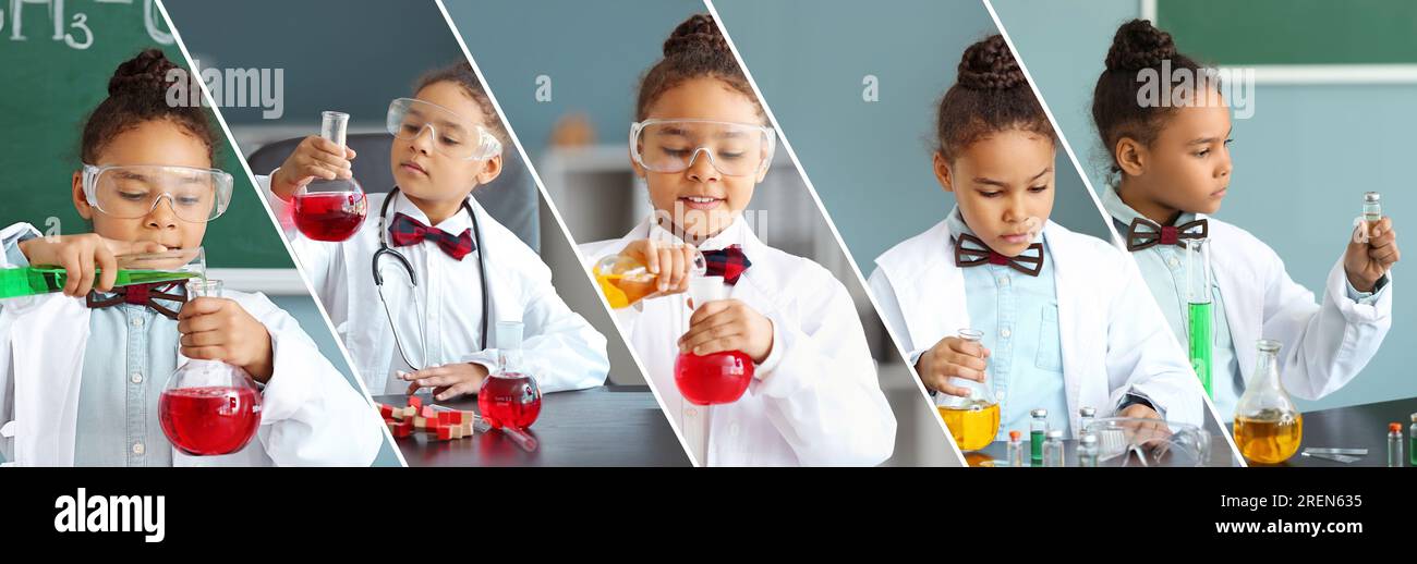 Collage of cute little African-American scientist in laboratory Stock ...