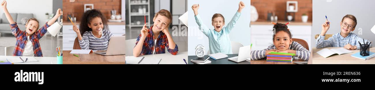 Collage of cute little children doing homework Stock Photo - Alamy