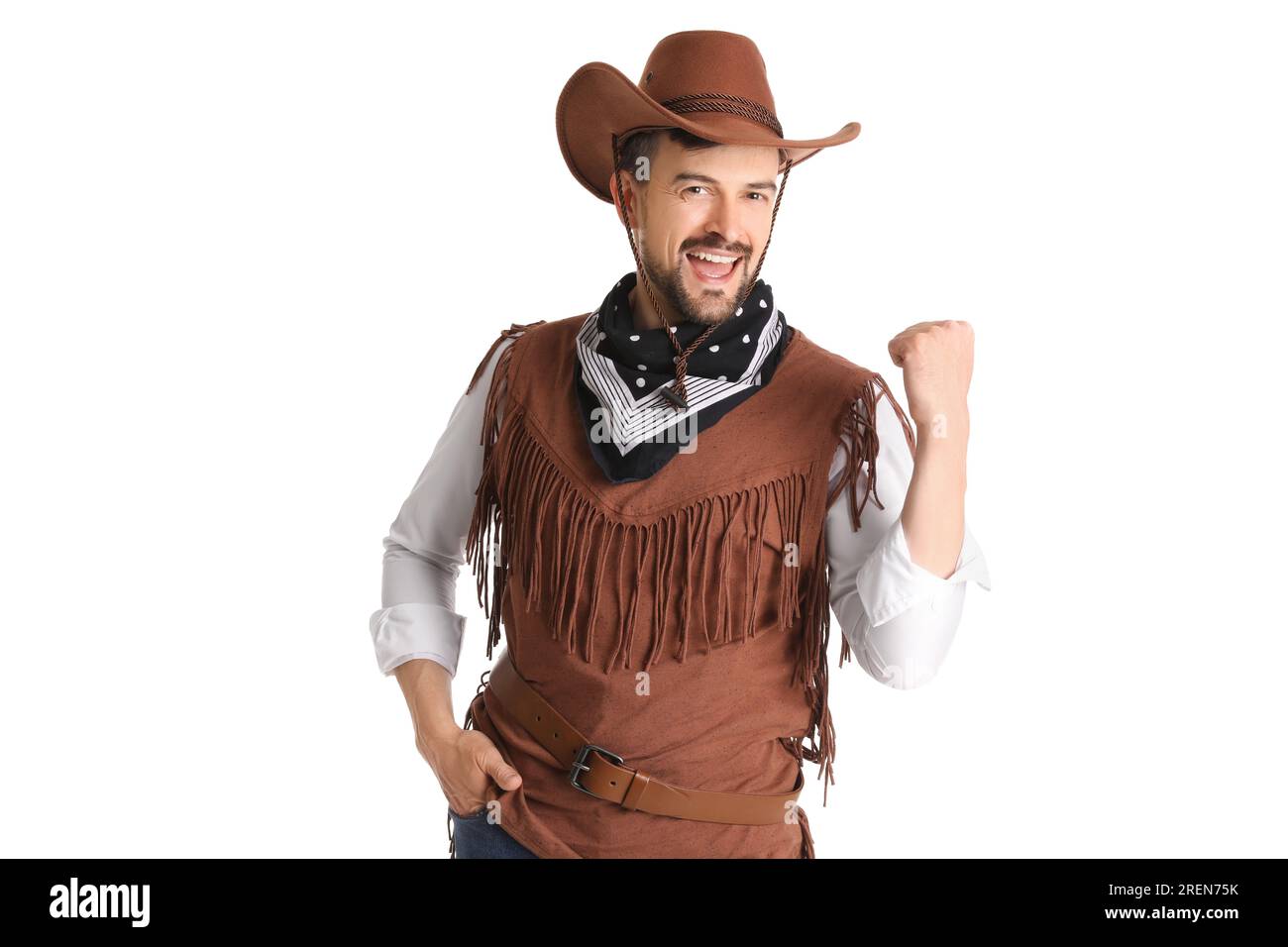 Happy cowboy on white background Stock Photo - Alamy