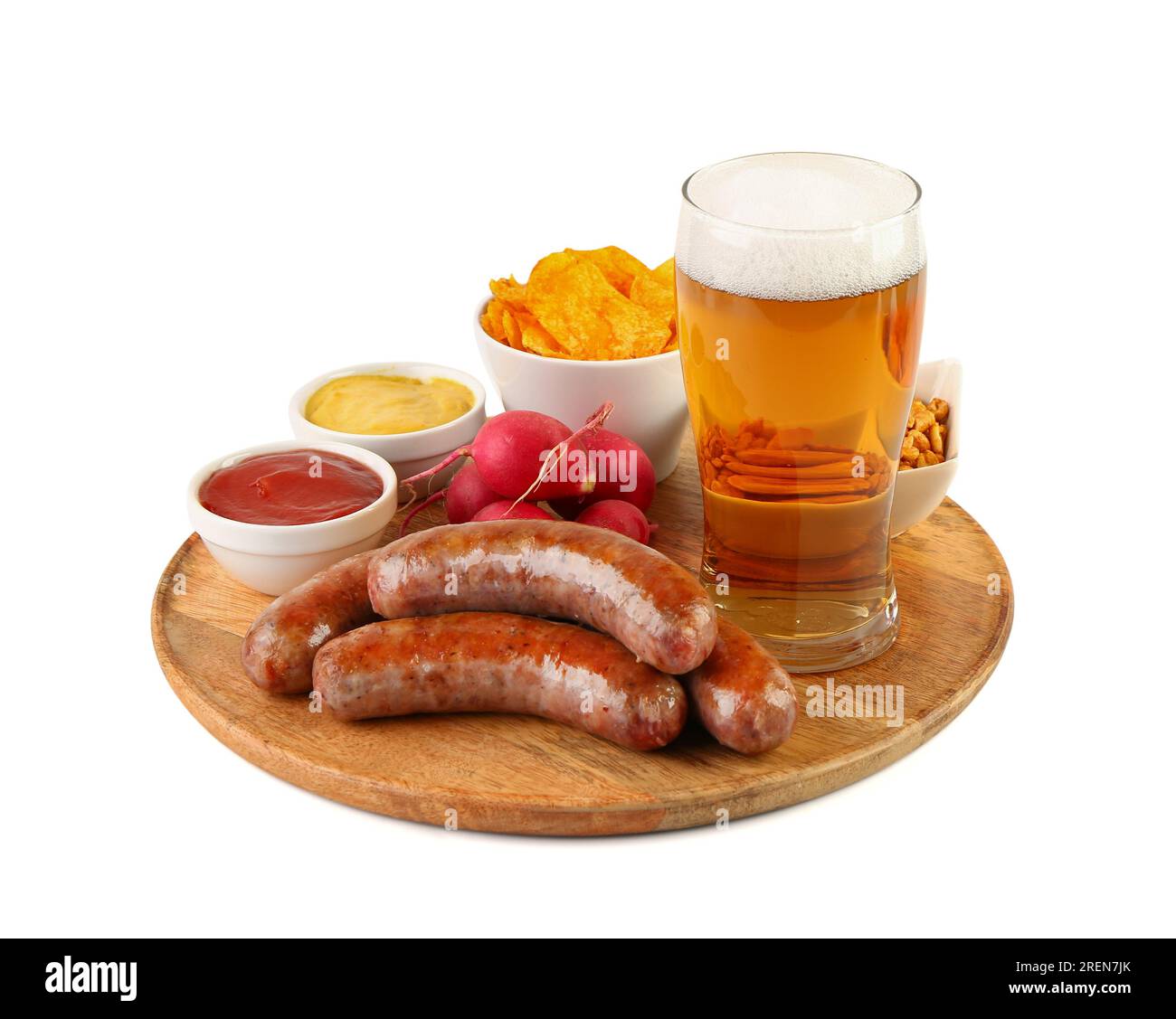 Glass of cold beer and different snacks on white background ...