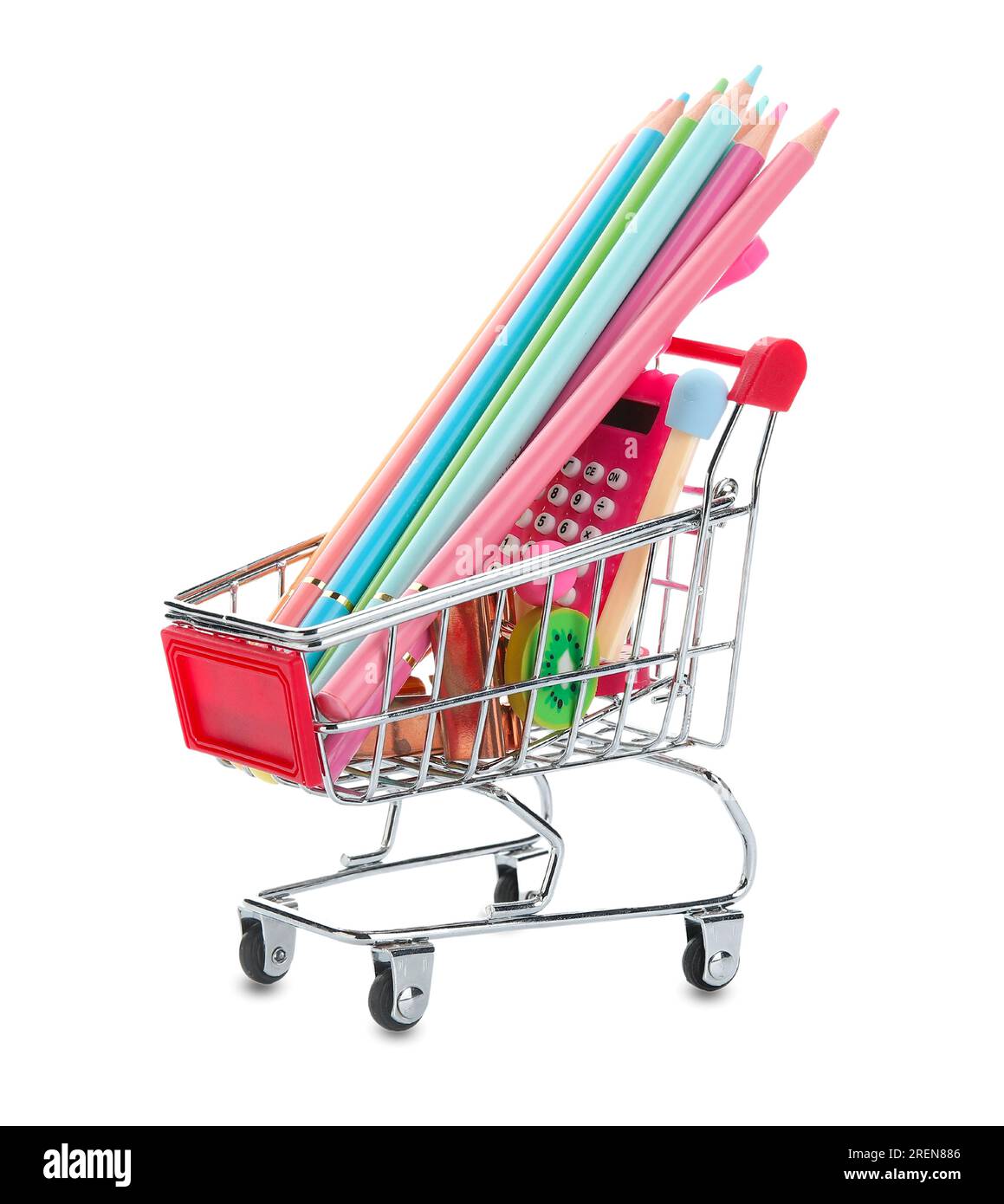 Shopping cart with school stationery on white background Stock Photo ...