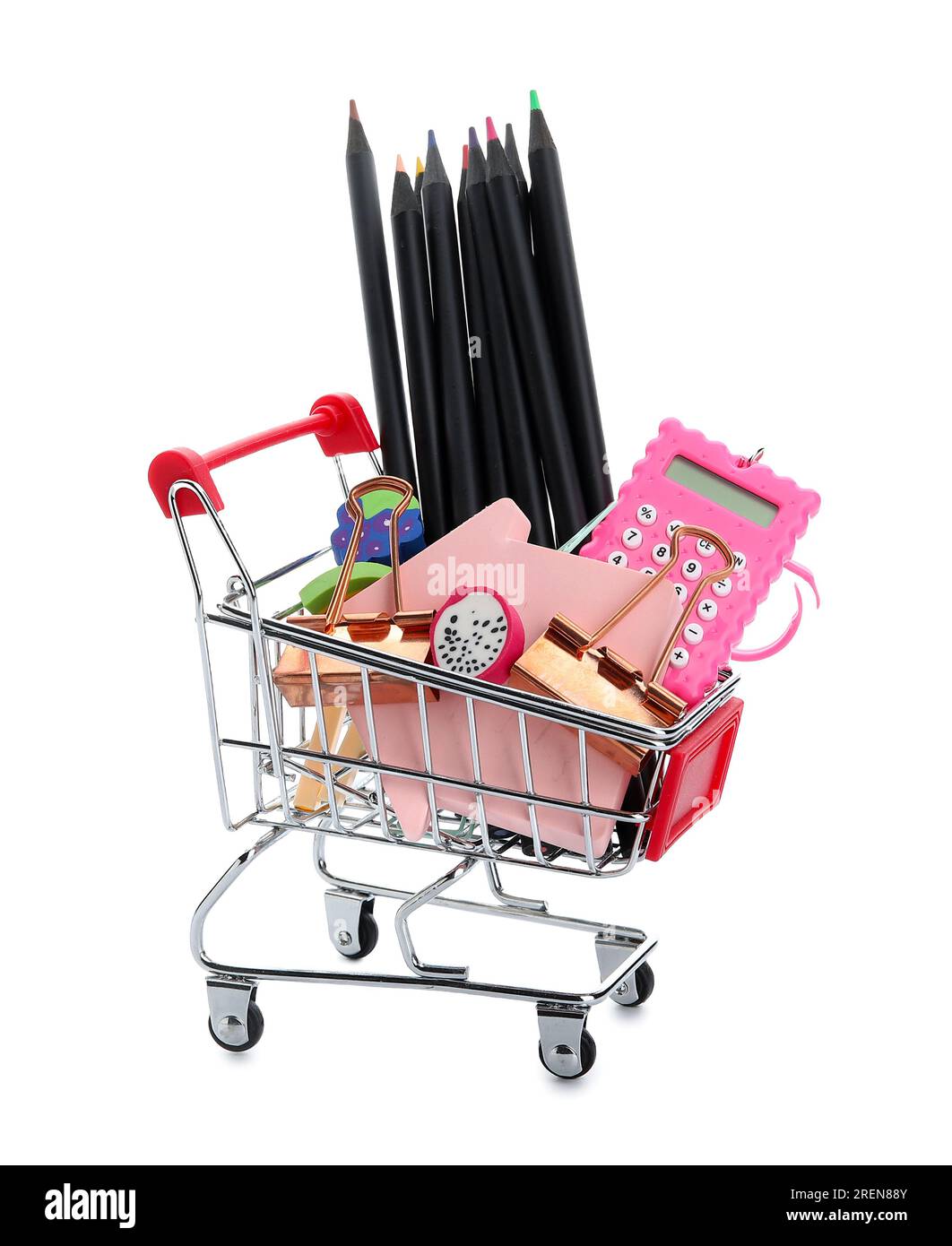 Shopping cart with school stationery on white background Stock Photo ...