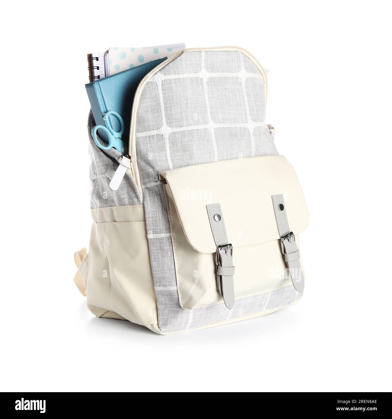 Grey school backpack with notebooks and scissors on white background ...