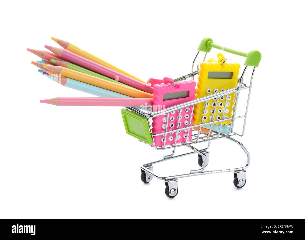 Shopping cart with school stationery on white background Stock Photo ...