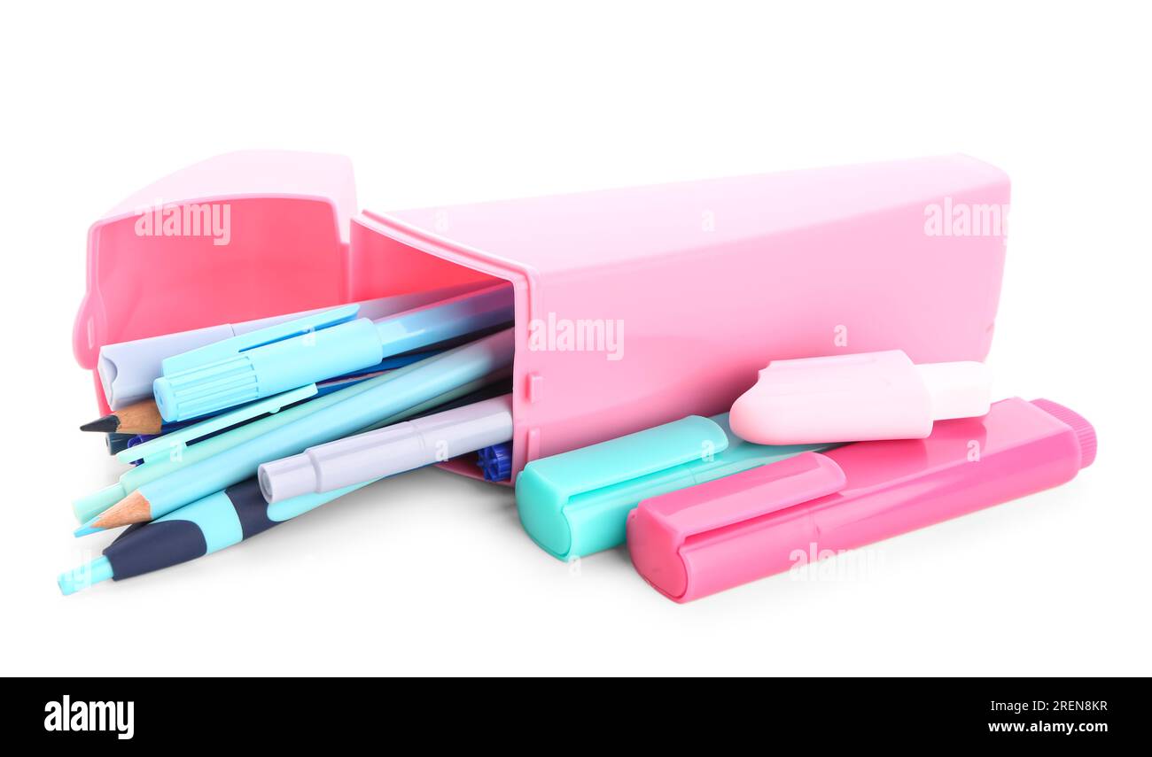 Pink pencil case with different stationery on white background Stock ...