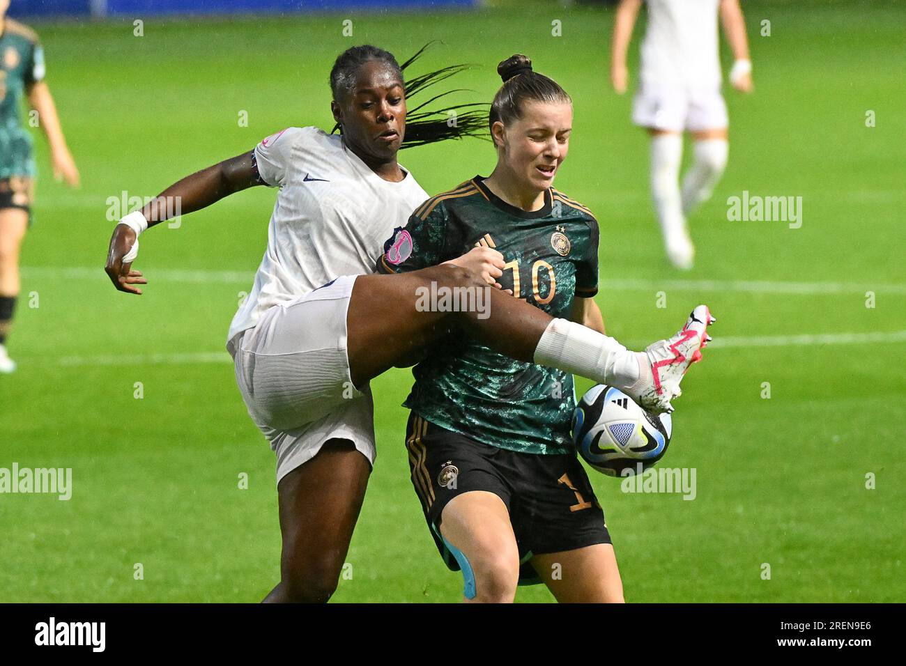 Alara Sehitler (10) of Germany and Kysha Sylla (6) of France pictured during a female soccer ...