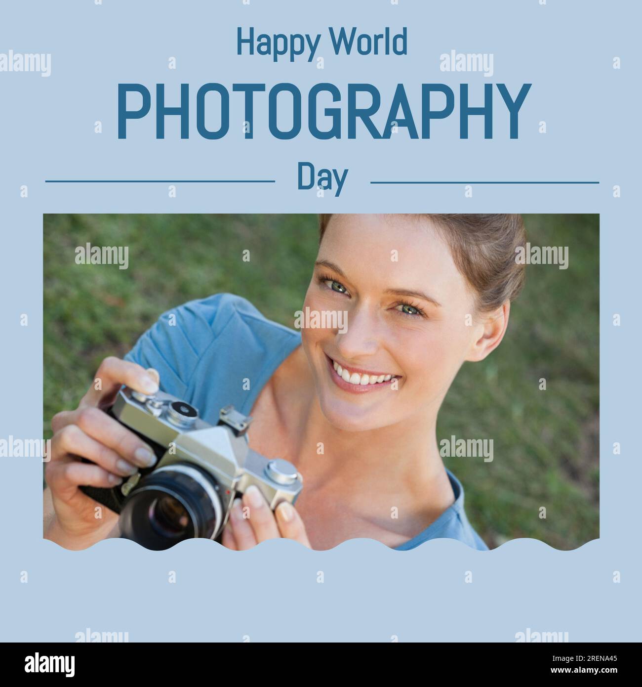 Happy world photography day text on blue with happy caucasian woman ...