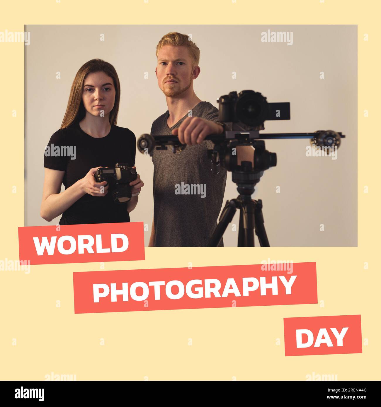 World photography day text on orange with caucasian male and female ...