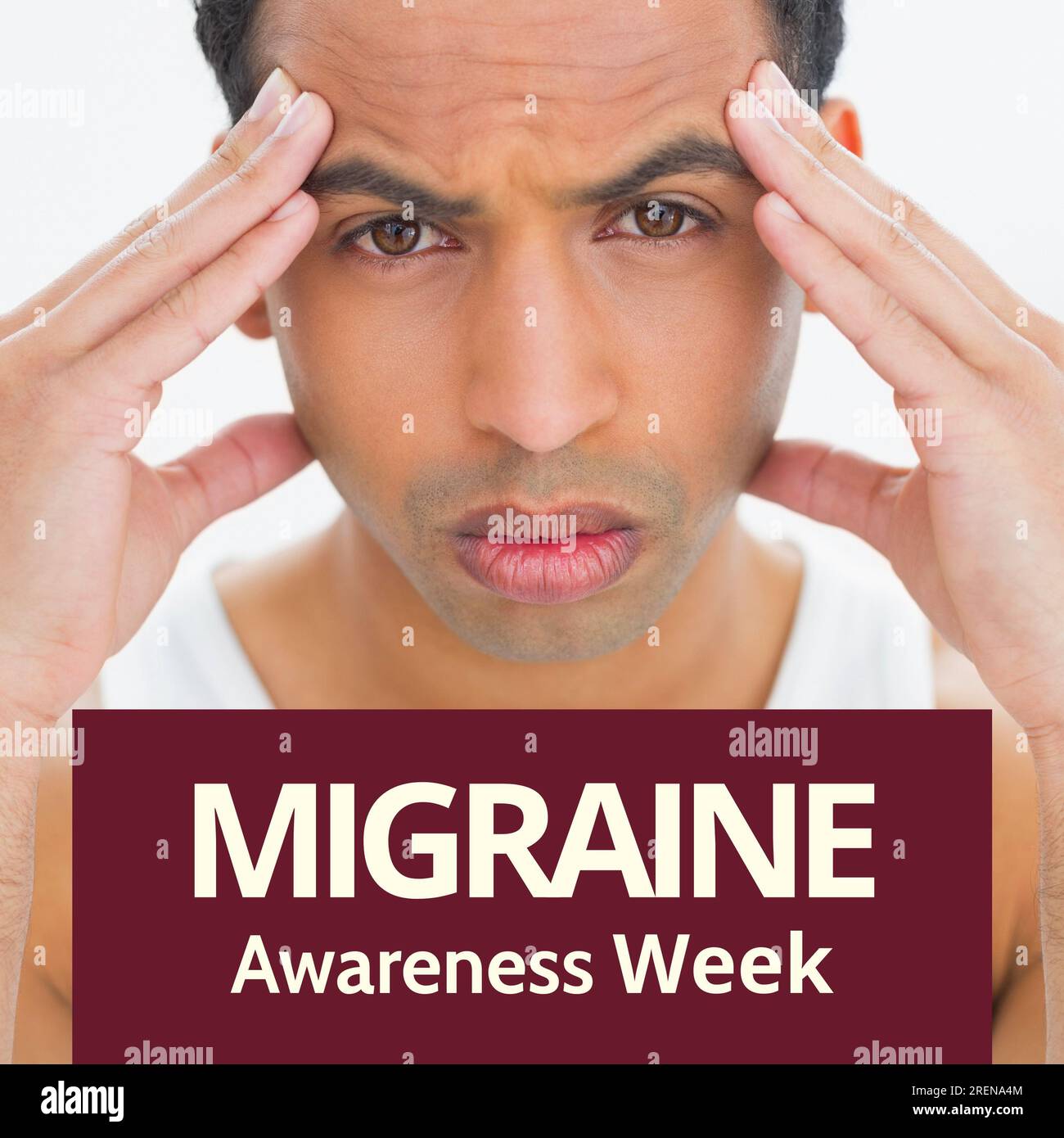 Migraine awareness week text on brown over caucasian man holding head ...