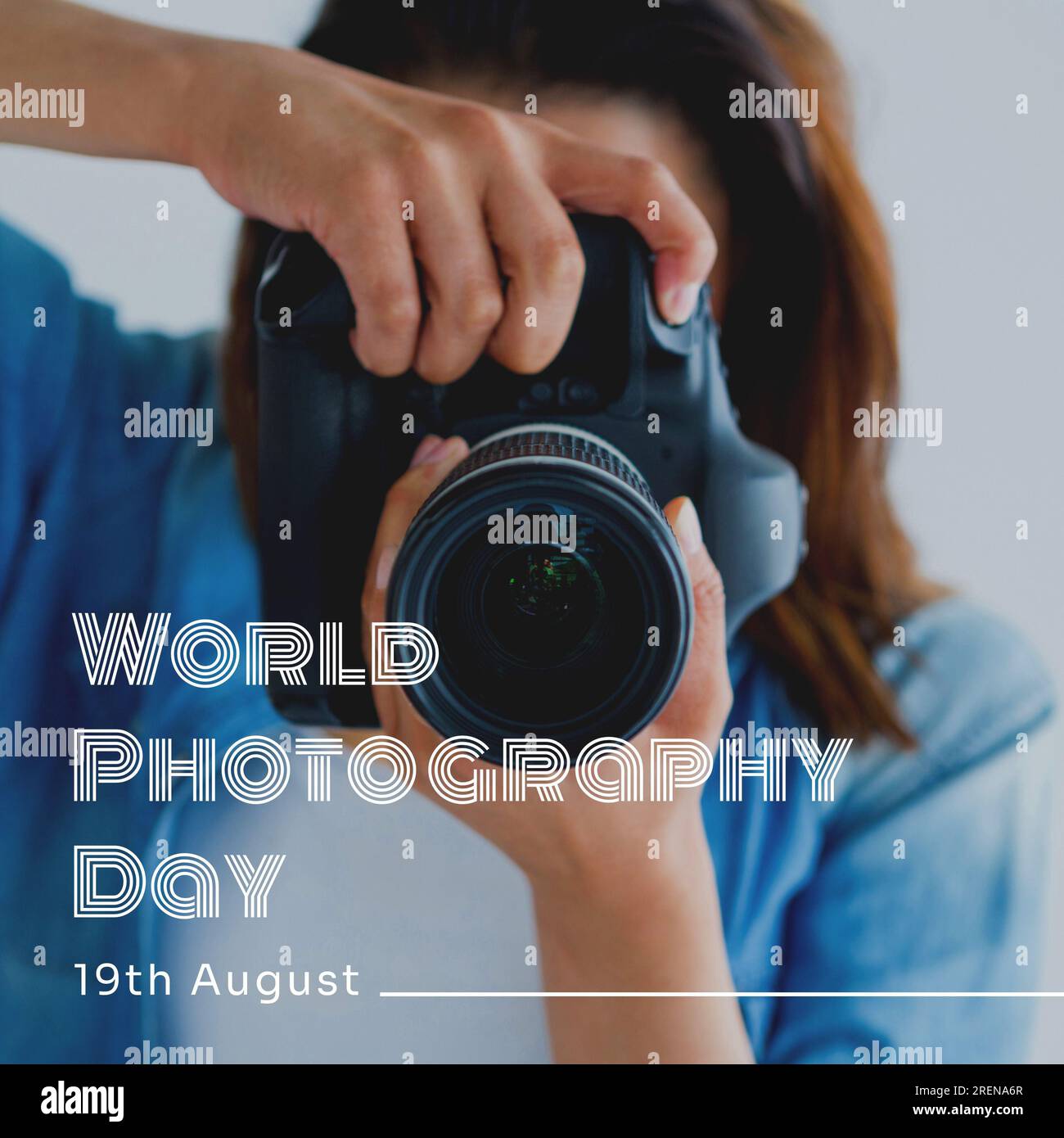 World photography day text and date in white over biracial woman using ...