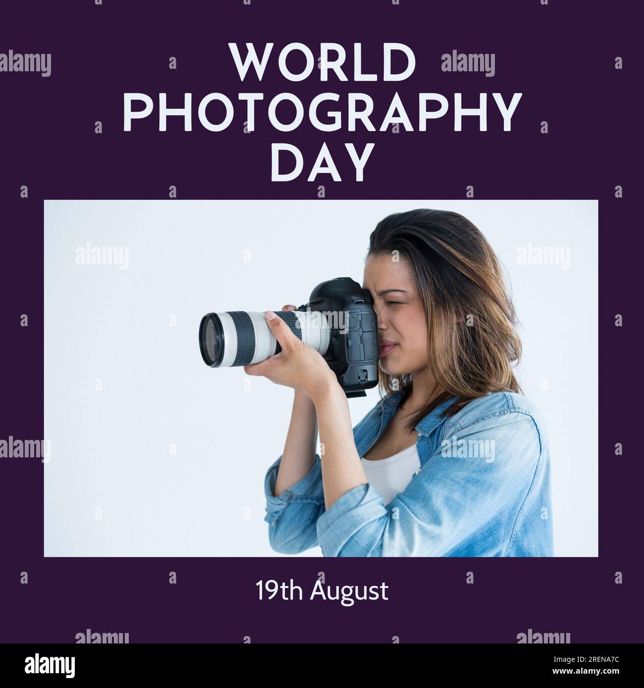 World photography day text and date on black with biracial woman using ...