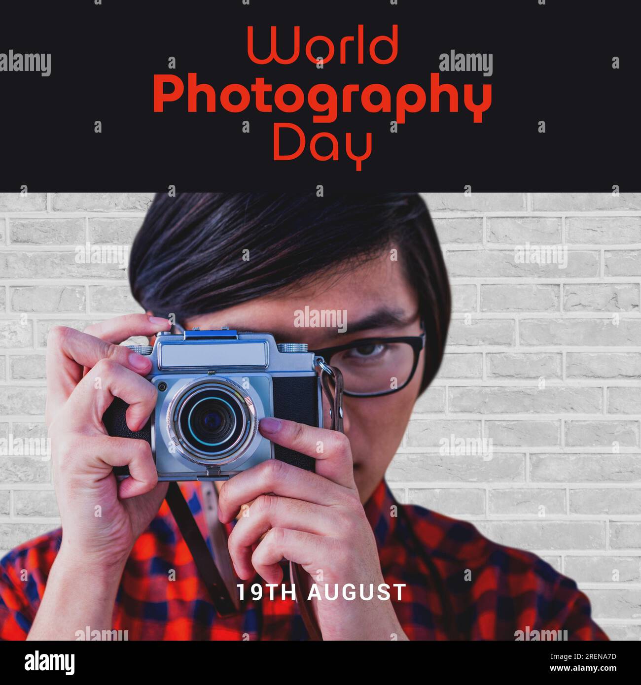 World photography day text in red on black with date over asian man in ...