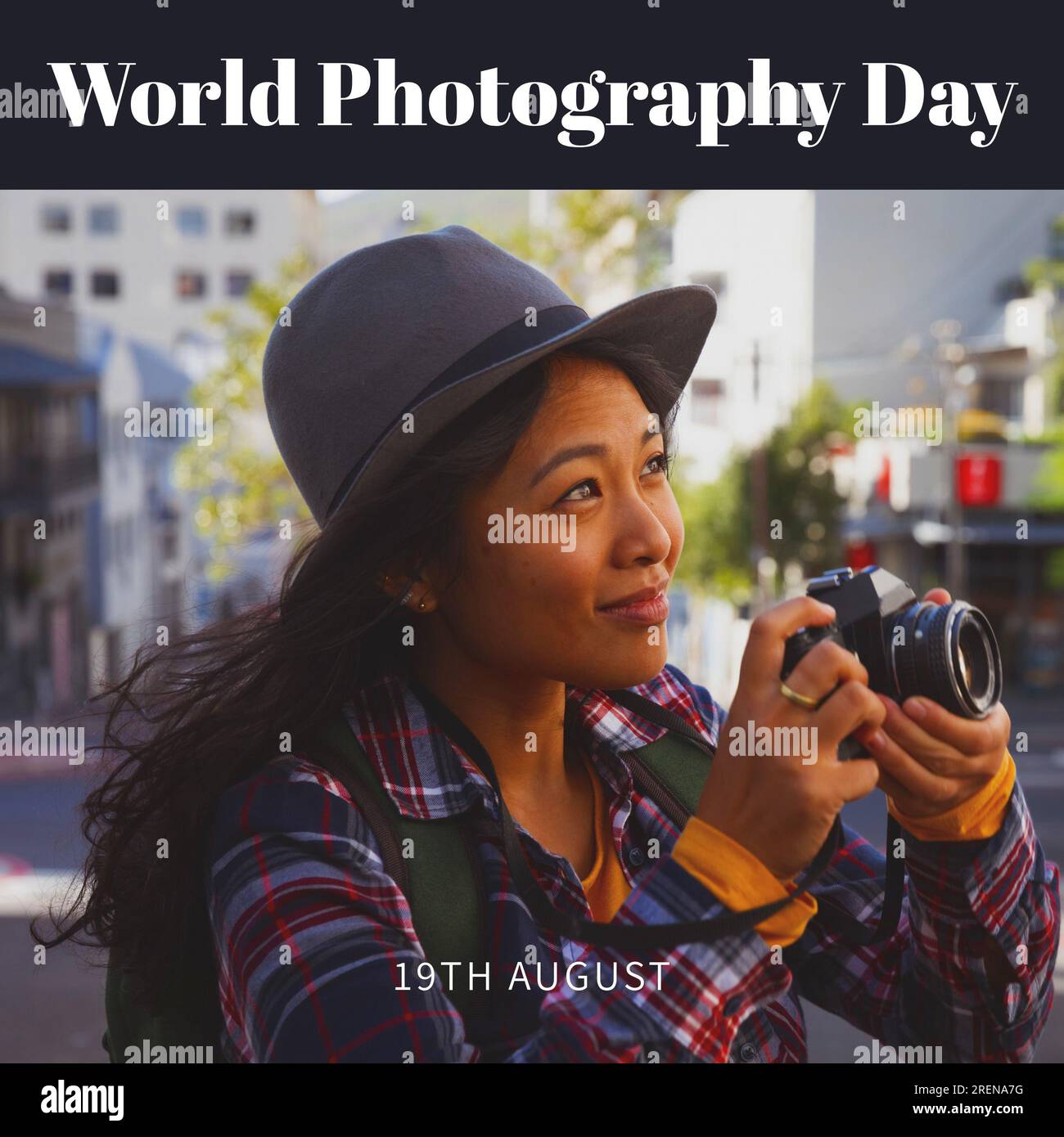 World photography day text on black and date over happy asian woman in ...