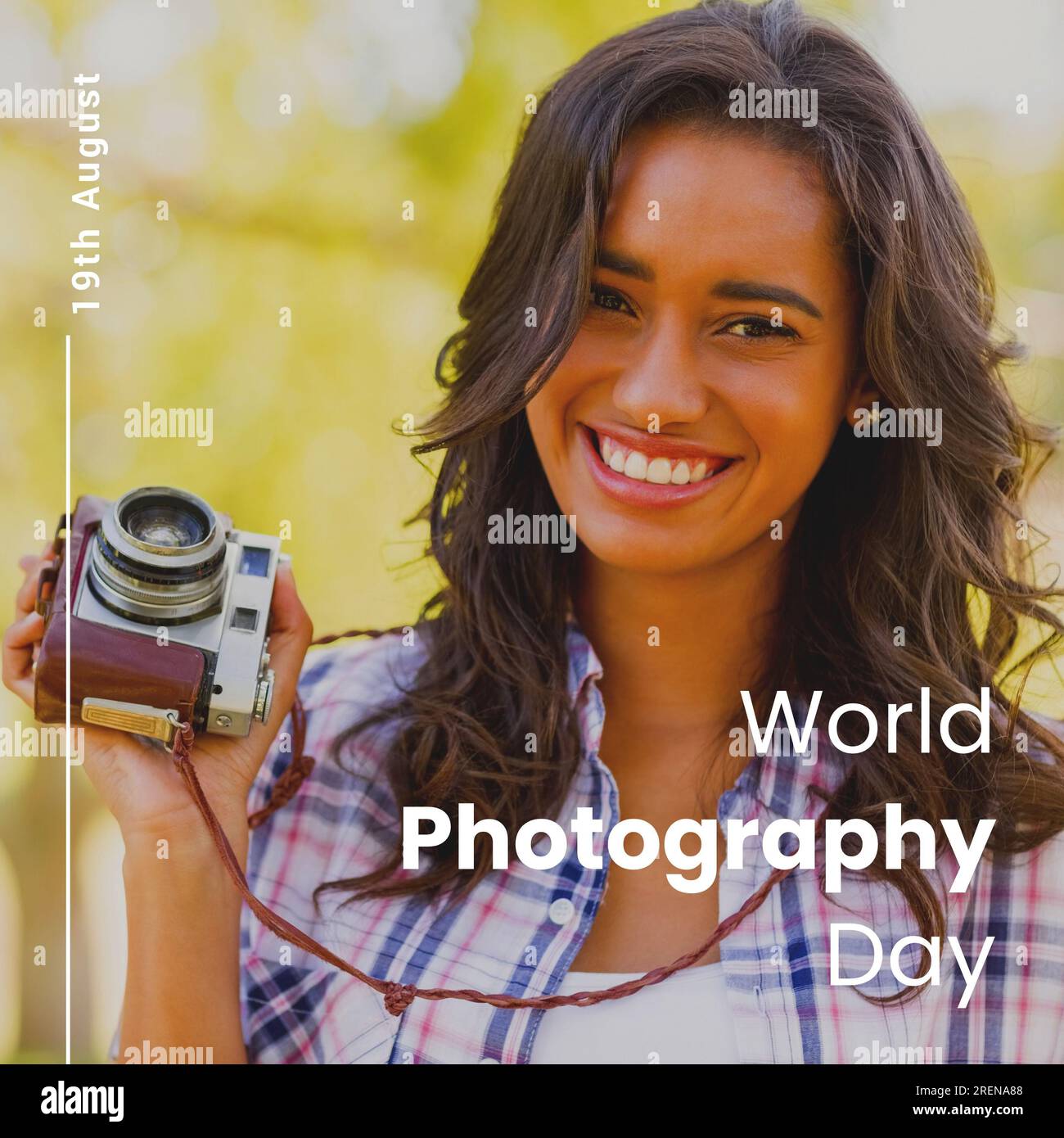 World photography day text and date in white over happy biracial woman ...