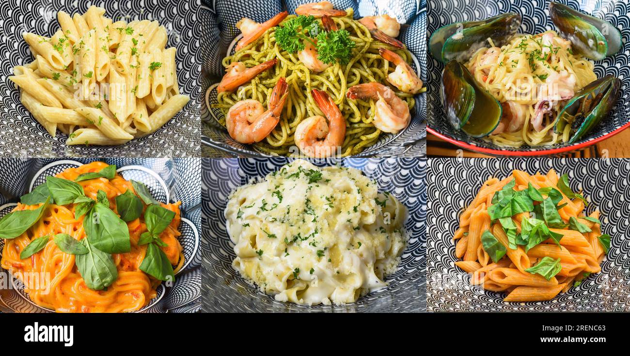 Collage or set with six types of pasta Stock Photo - Alamy