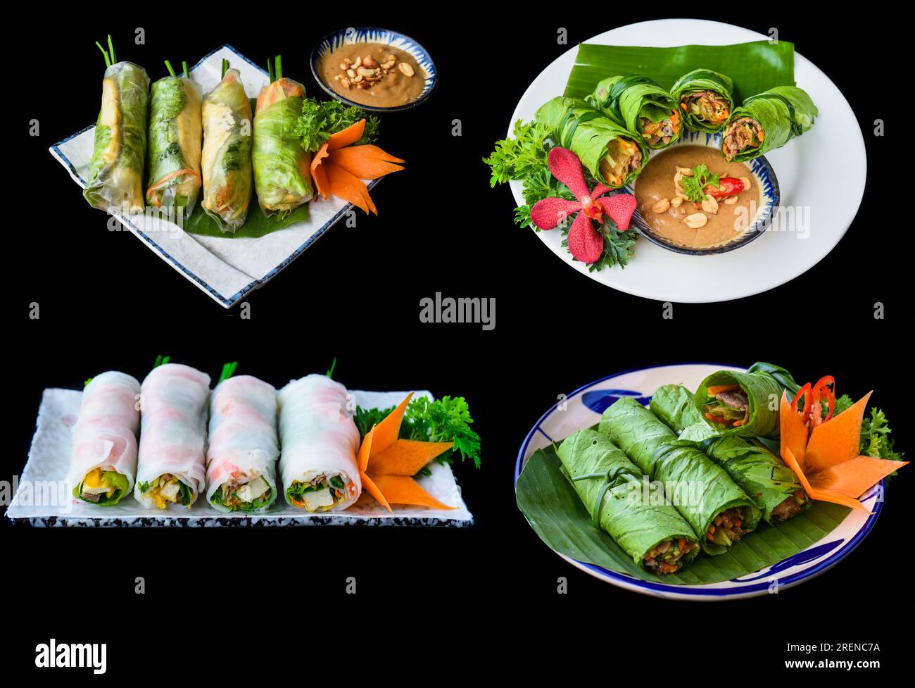Set or collage of different types of vietnamese spring rolls on a black ...
