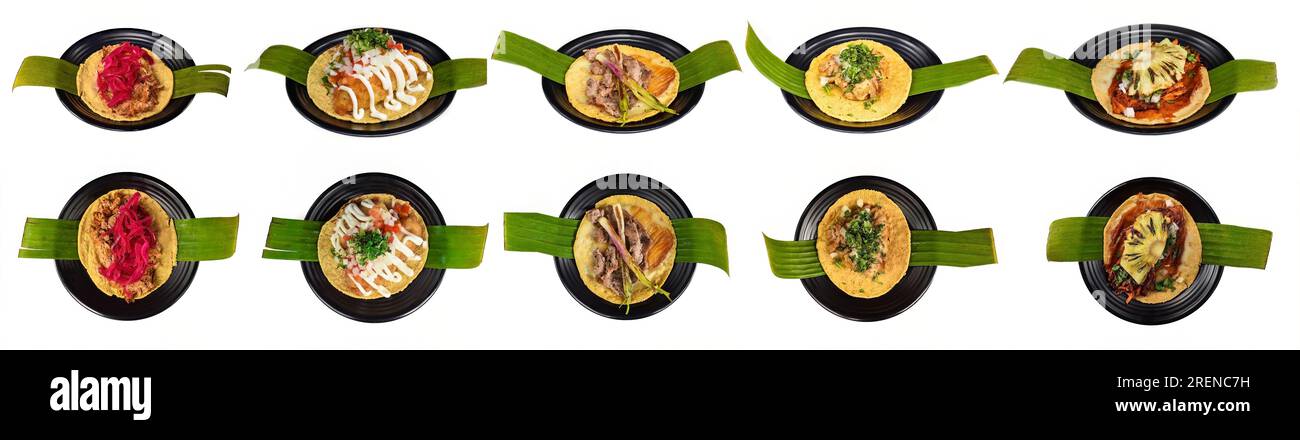 Set or collage of many latin american and different mexican tacos on ...