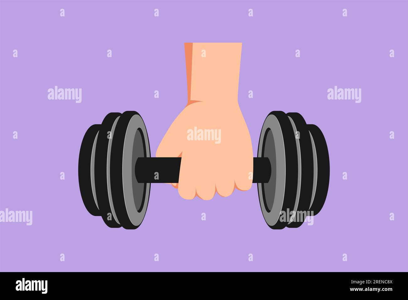 Cartoon flat style drawing of strong hand lifting up steel dumbbell ...