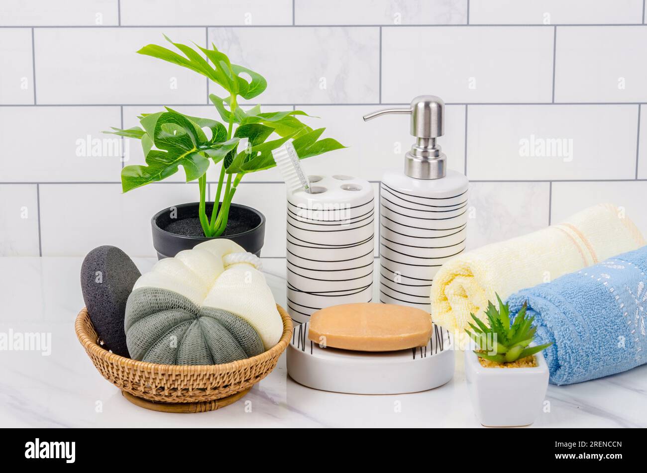 Herb soap, shower sponge and shampoo pump bottle inside a bright ...